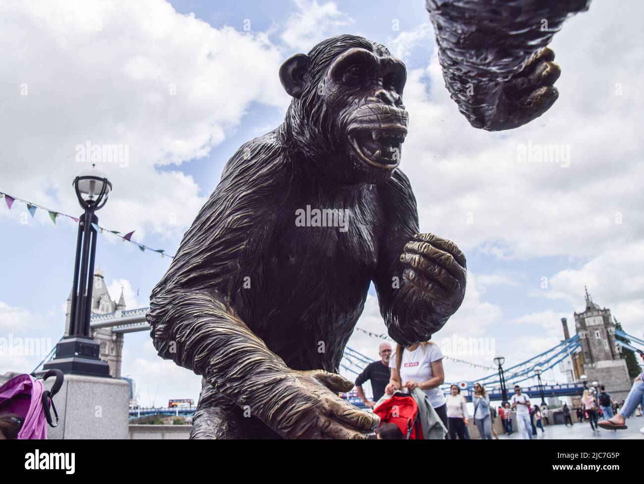 A chimpanzee sculpture is seen near Tower Bridge. 'Chimps Are Family ...