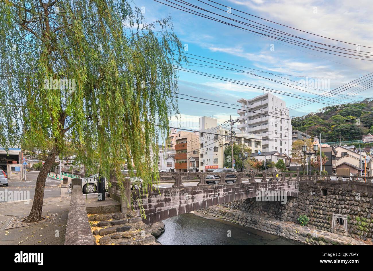nagasaki, kyushu - december 12 2021: Weeping willow tree and electric ...