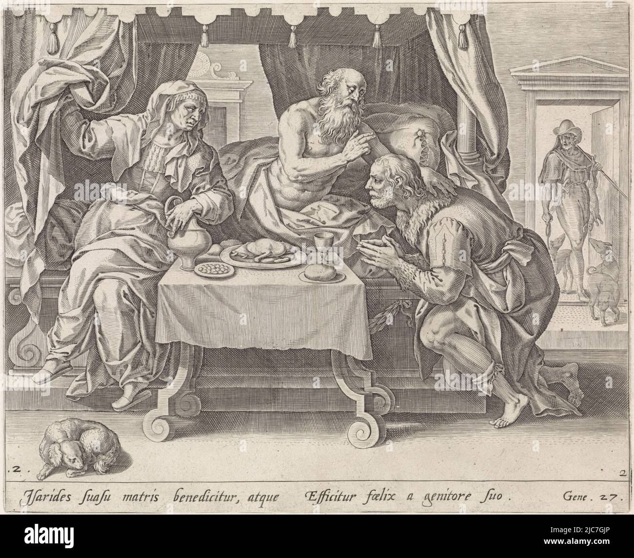 The old and blind Isaac blesses Jacob, who kneels by the bed. With the ...