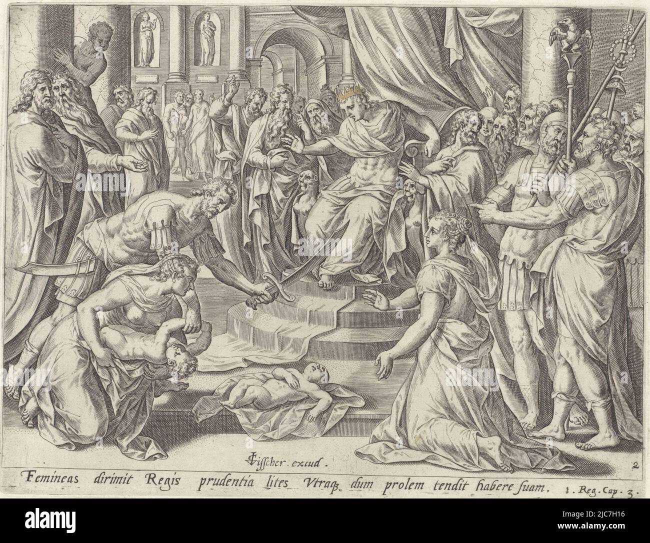 King Solomon sits on his throne and passes judgment. In front of the ...