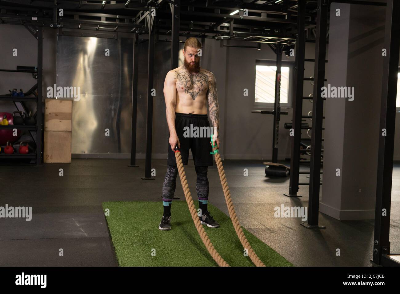 Beard fit fitness gym rope workout training athlete strong muscular ...