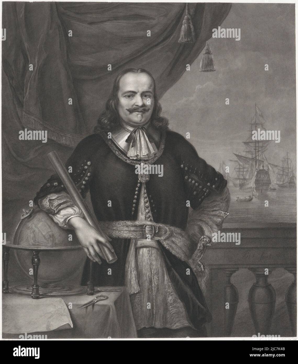 Portrait of Admiral Michiel Adriaansz. de Ruyter. He rests his arm on a ...