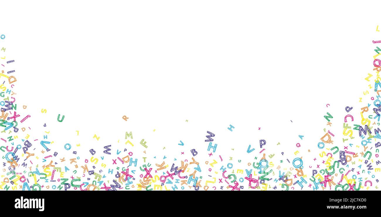 Falling letters of English language. Colorful messy sketch flying words ...