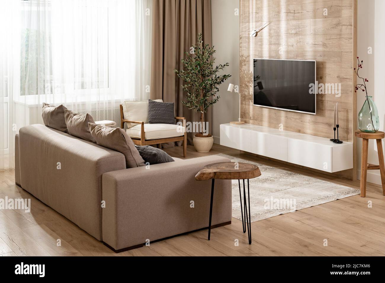 Modern concept of minimalism and convenience in the living room Stock ...