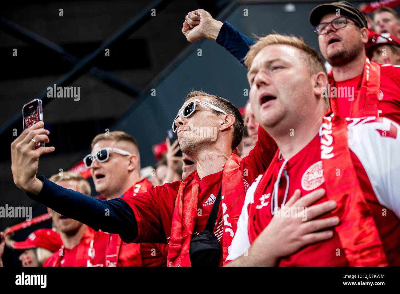 Copenhagen, Denmark. 10th June, 2022. Danish football fans seen on the ...