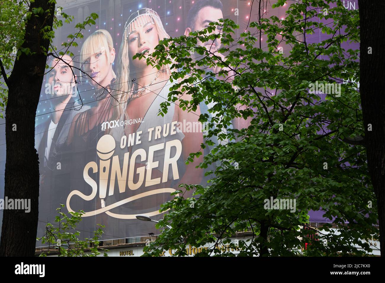 Bucharest, Romania - April 28, 2022: Extra large banner advertising One ...