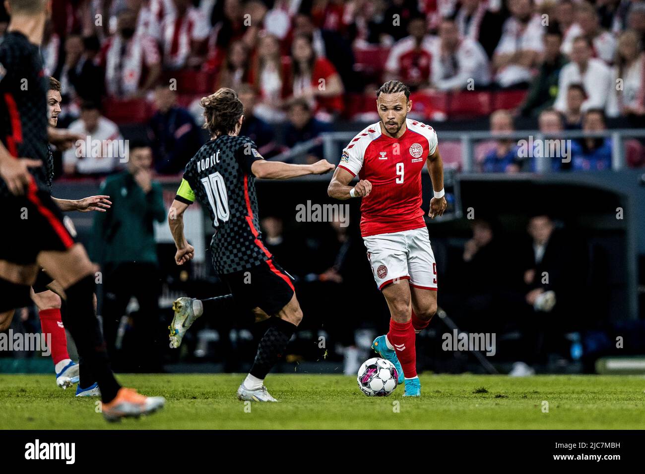 Copenhagen, Denmark. 10th June, 2022. Martin Braithwaite (9) of Denmark ...