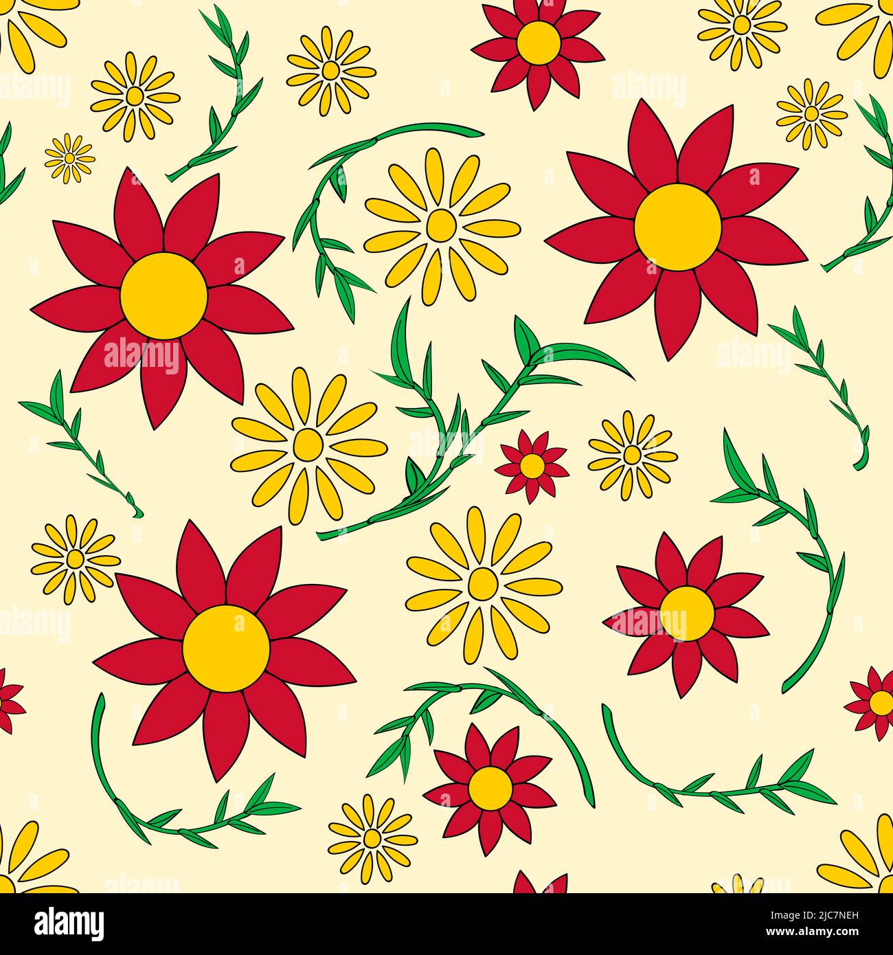 Red and yellow garden flowers in a seamless repeat grid pattern ...