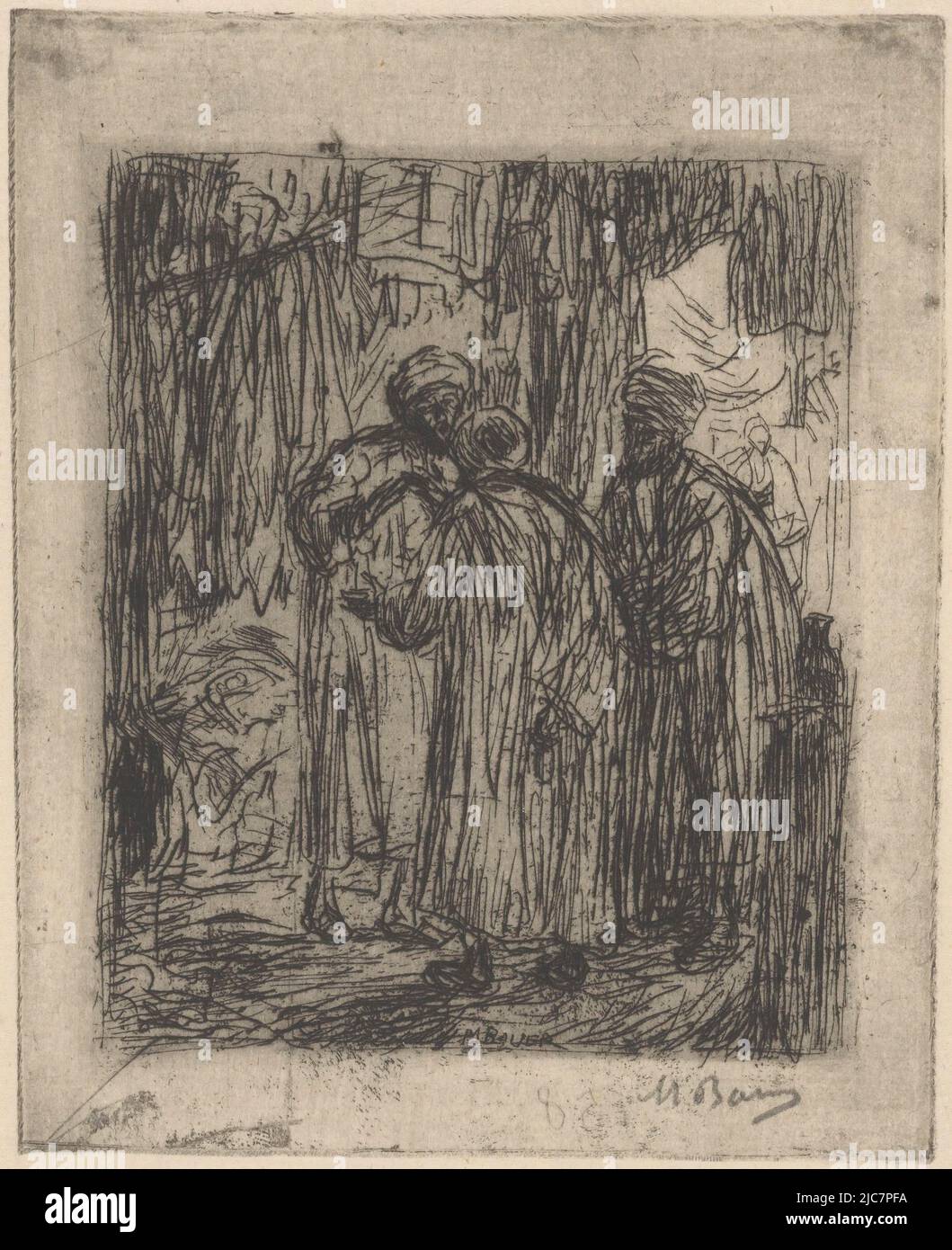 Three men in oriental dress talking to each other, Ottoman merchants ...