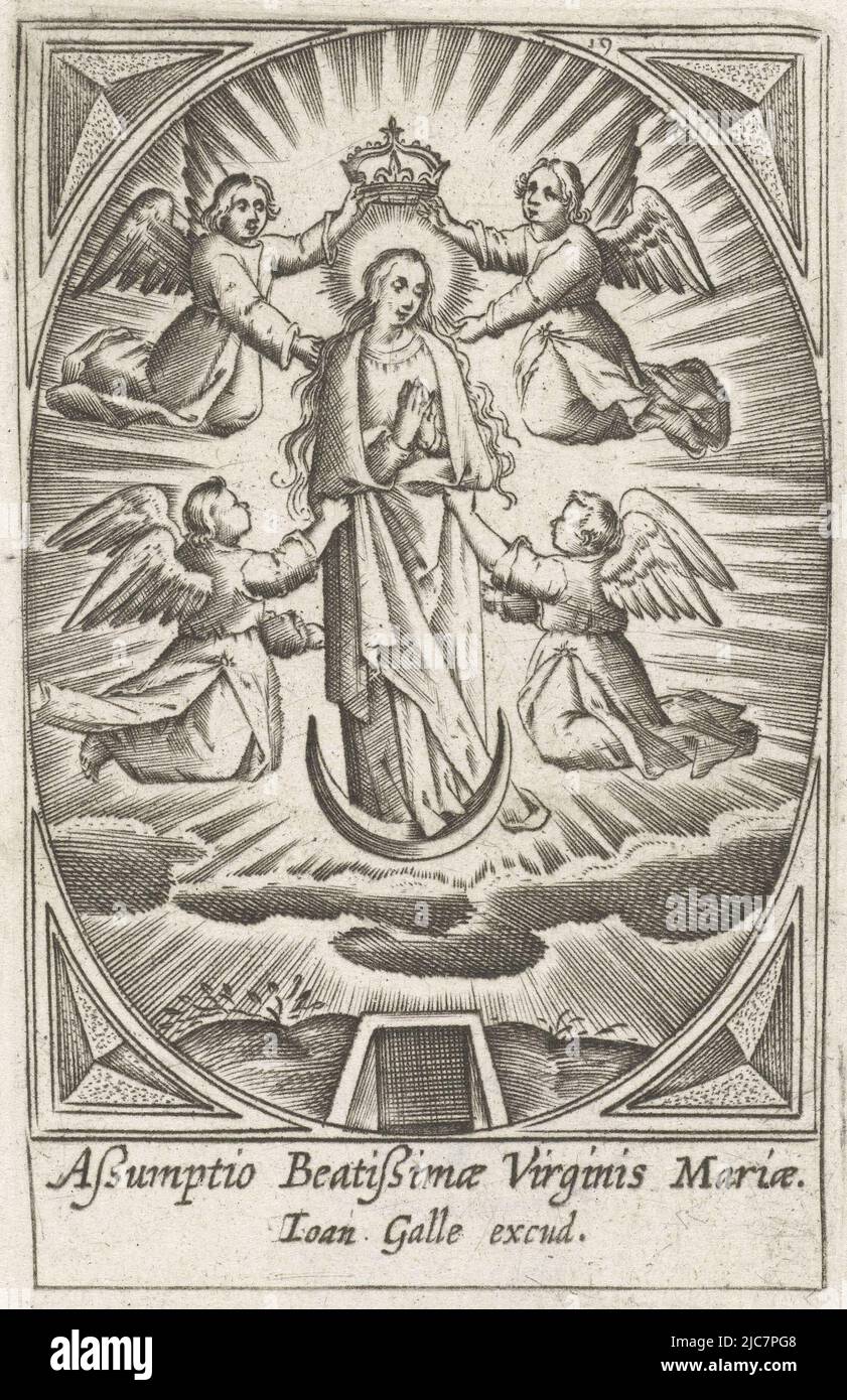Ascension of Mary, standing on a crescent moon. Mary is surrounded by ...