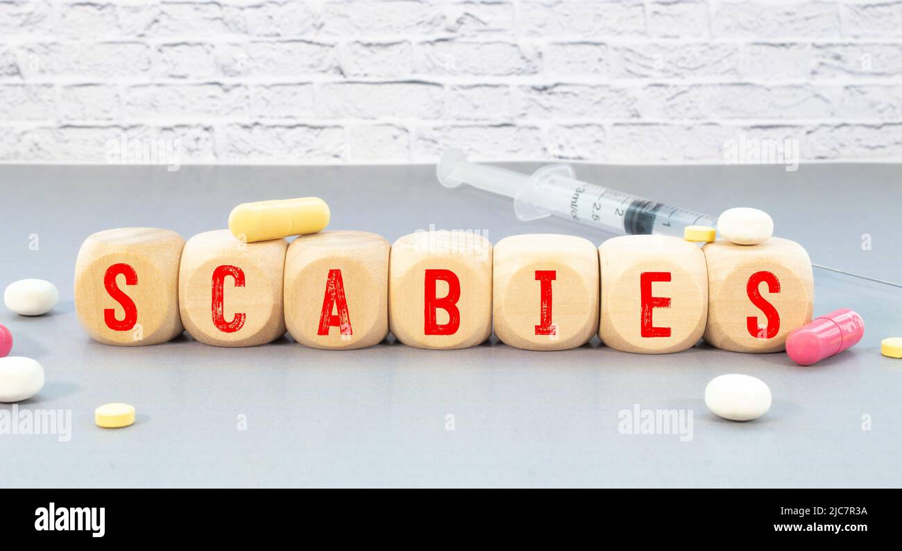 concept word scabies on cubes on a blue background Stock Photo - Alamy