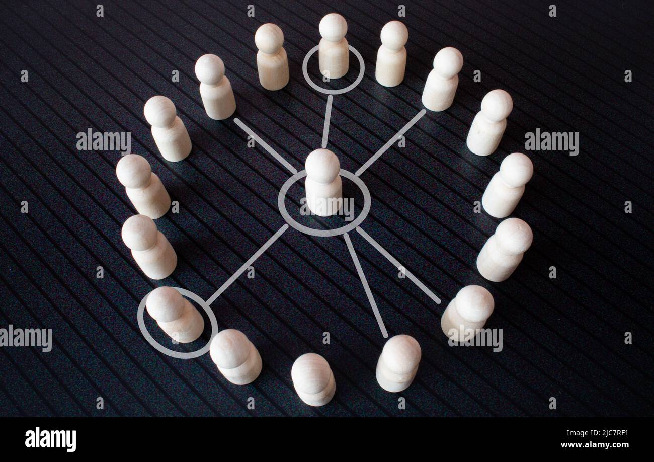 Chain of people figurines connected by white lines. Cooperation and ...