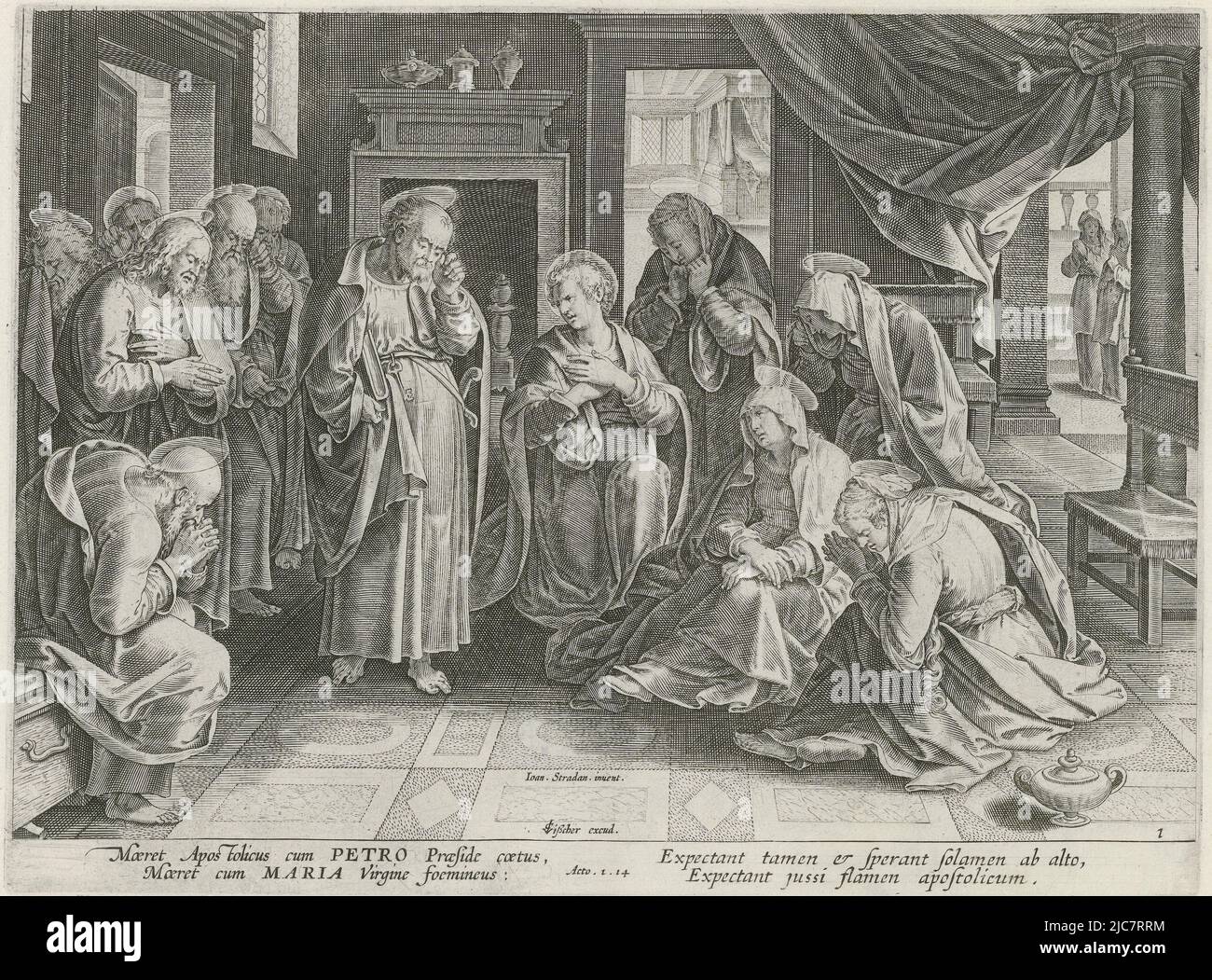 In the center of a living room the apostles, Mary and several women ...