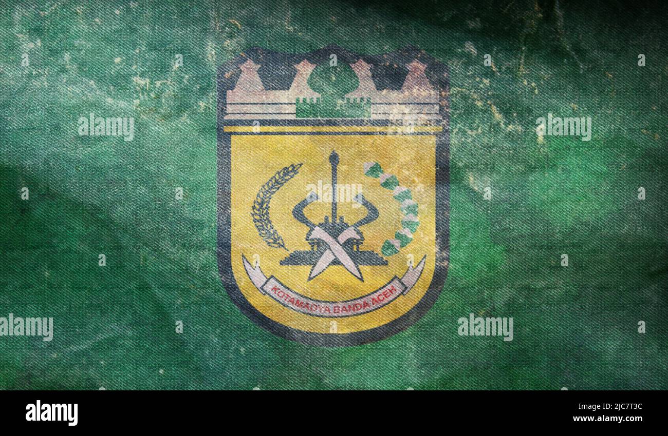Top view of retro flag Banda Aceh City Indonesia with grunge texture ...