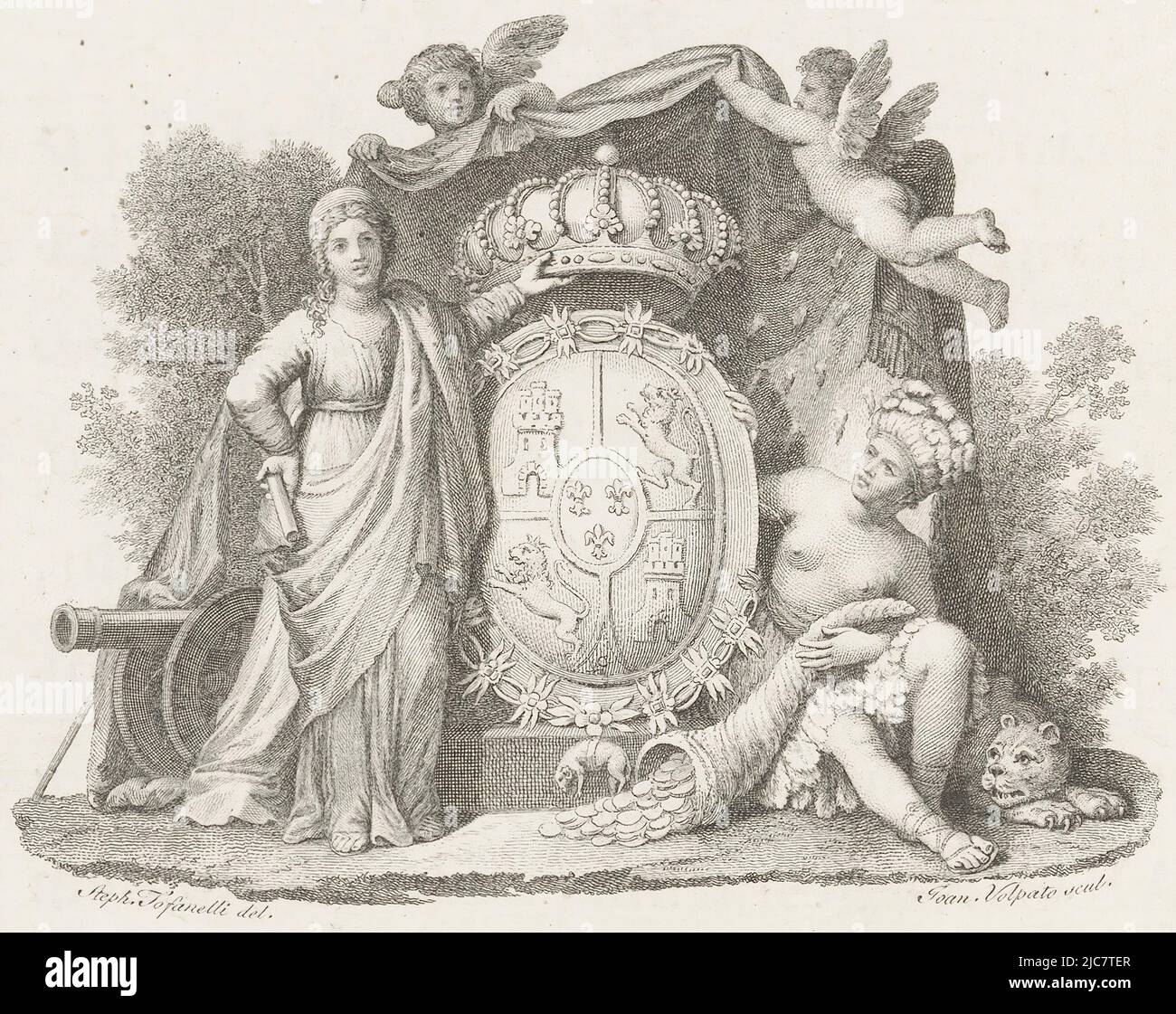 Coat of arms with two allegorical figures and putti, print maker ...