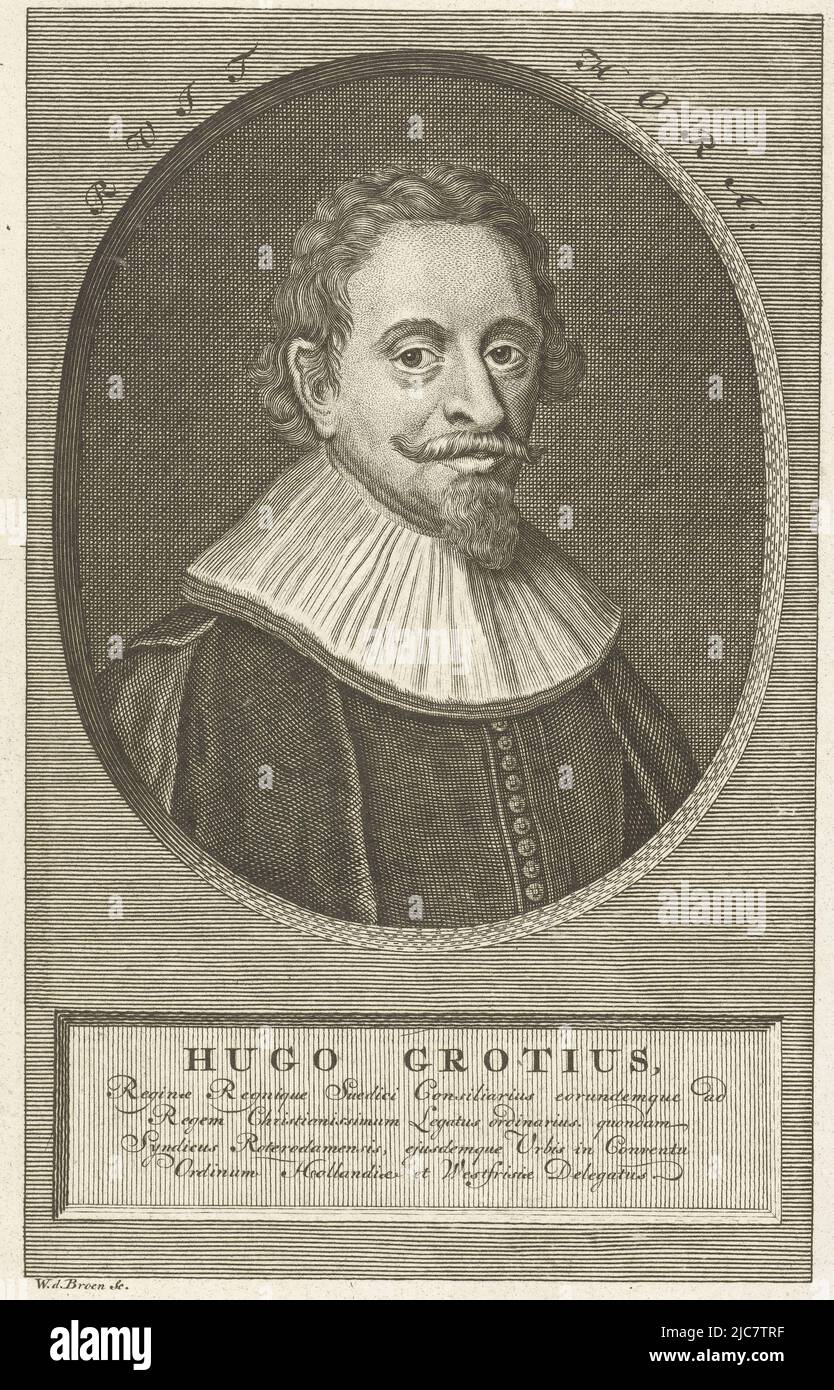 Bust of Hugo de Groot in oval with motto. Beneath the portrait his name ...