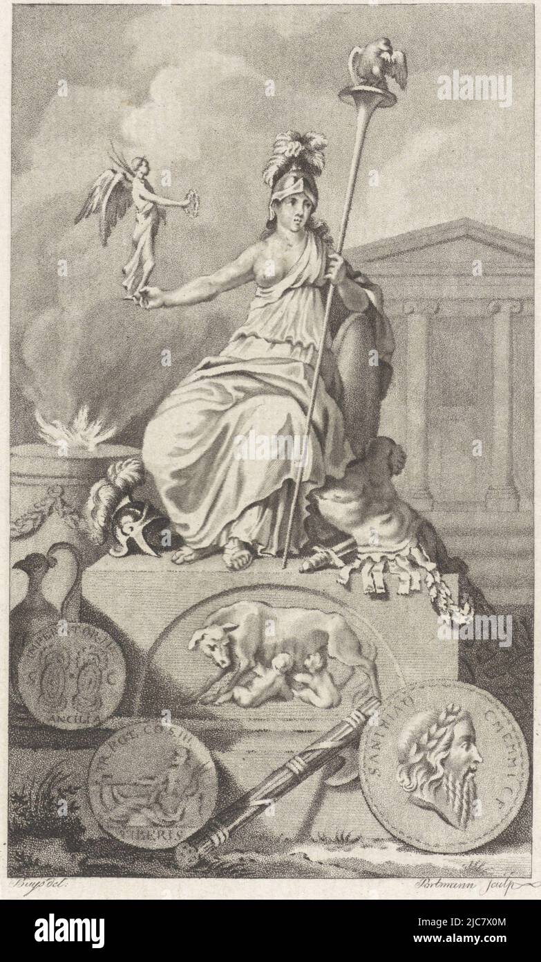 The personification of the city of Rome sits on a platform with a small ...