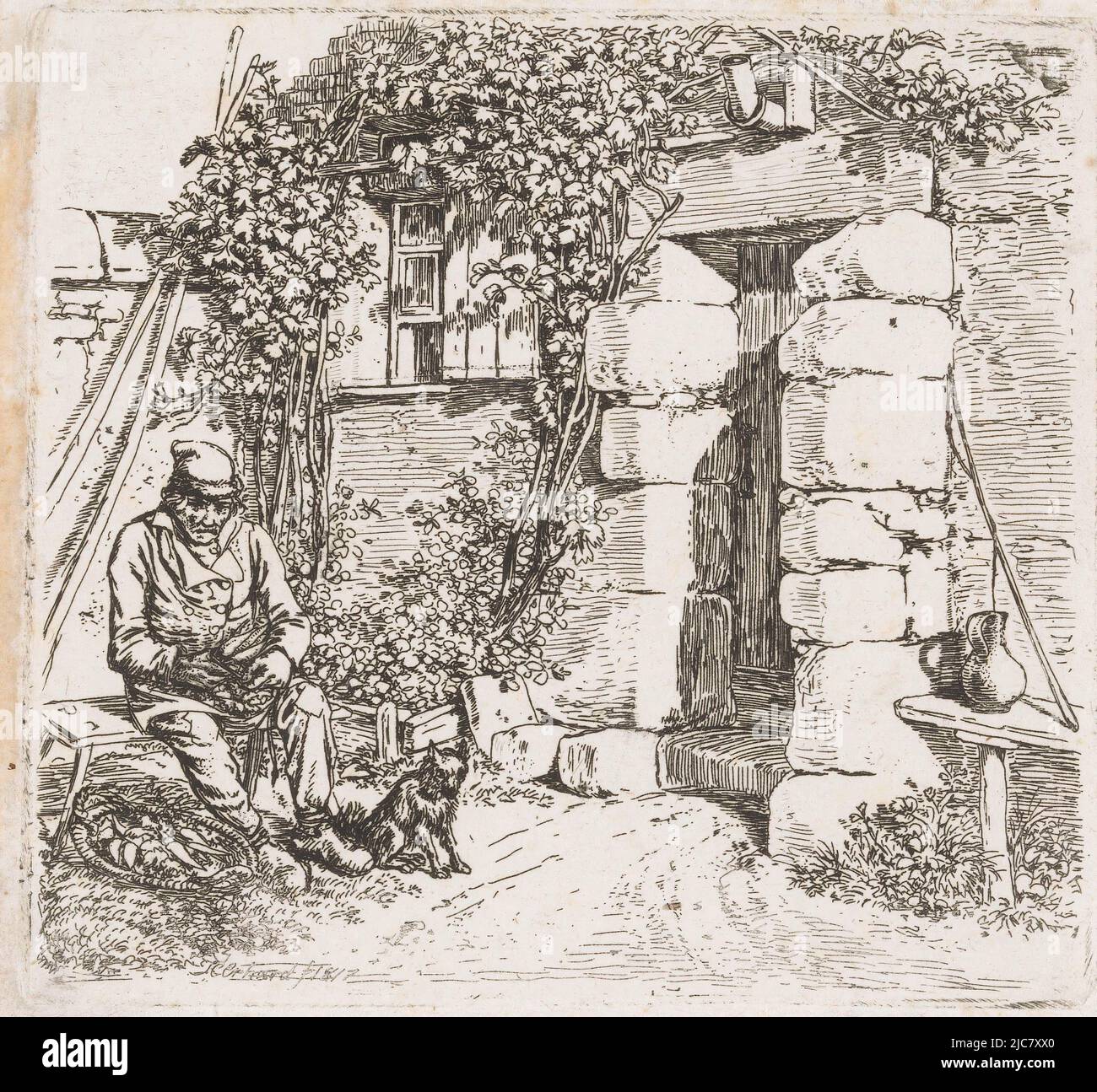 Old man with keeshond in front of a house, print maker: Johann ...