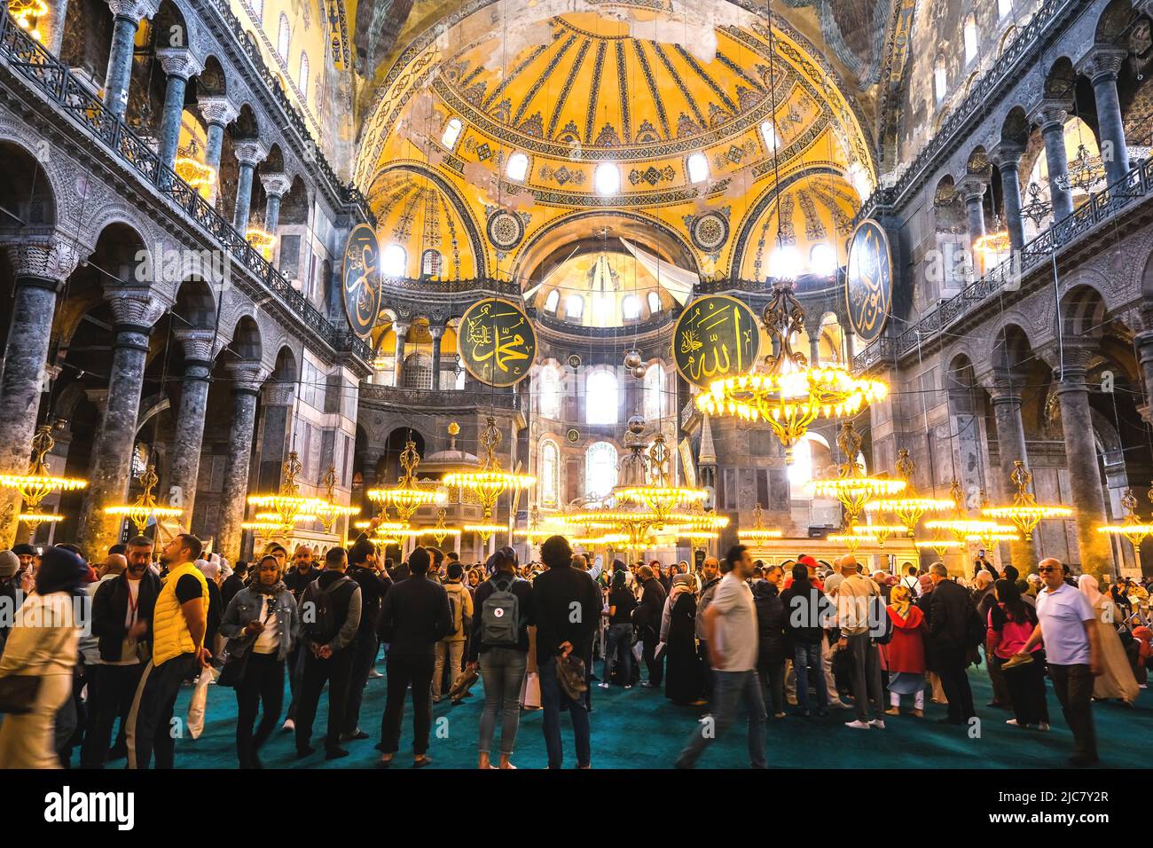 Crowds gathering in the Hagia Sophia Grand Mosque in Istanbul in May ...