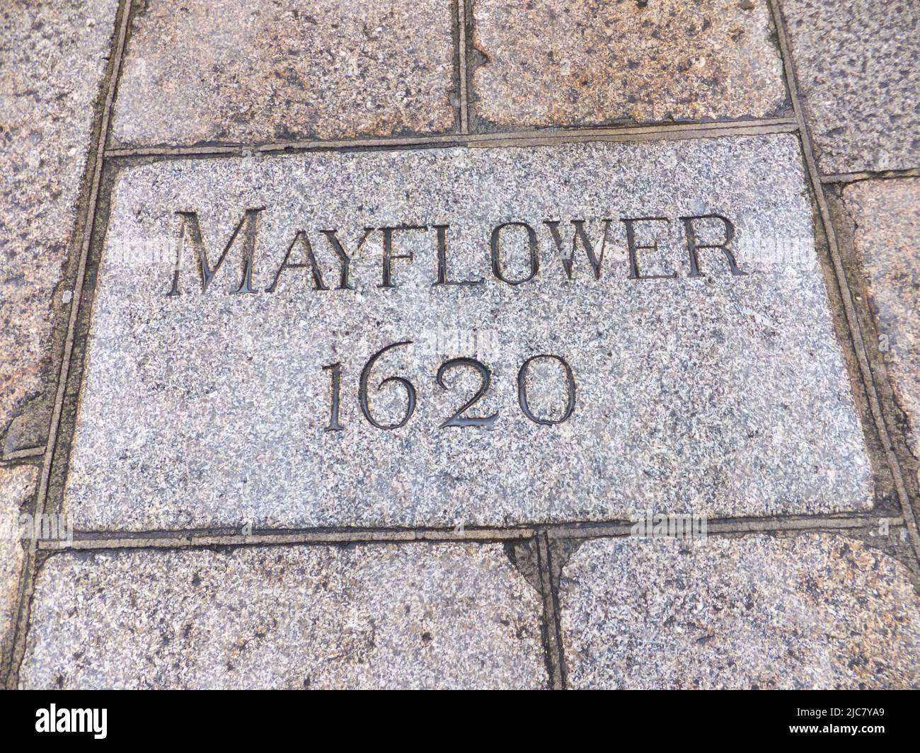 A stone marker commemorates the Mayflower journey at the Mayflower ...