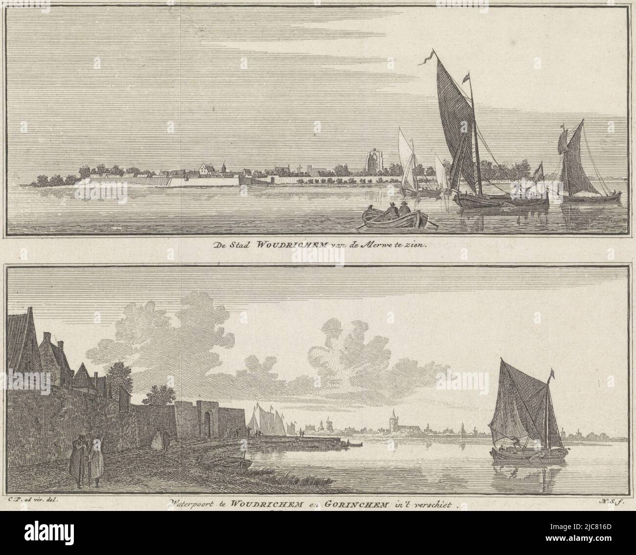 Two images on one sheet: Above the town of Woudrichem seen from the ...