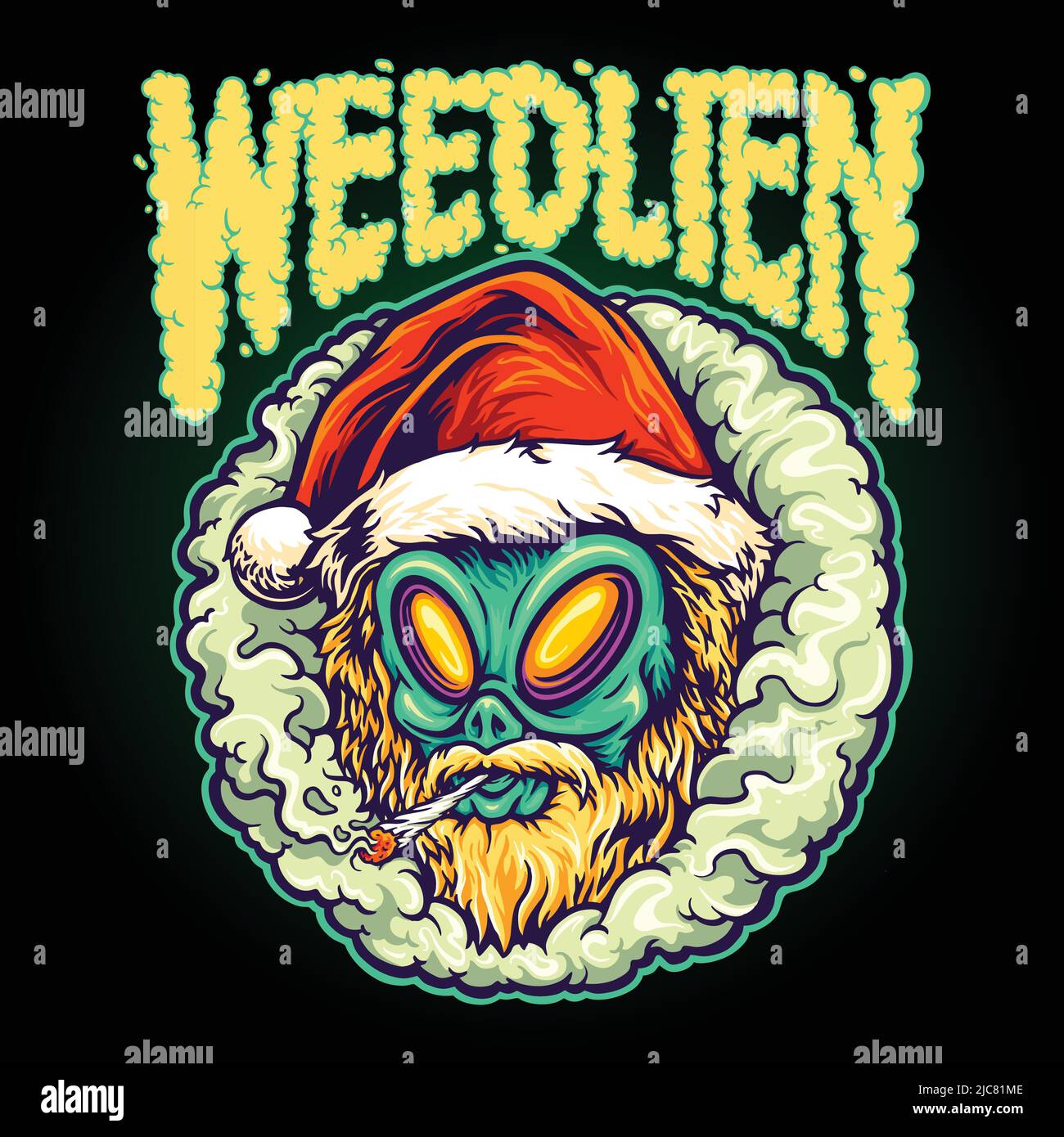 Santa alien head smoking with weed word lettering vector illustrations ...
