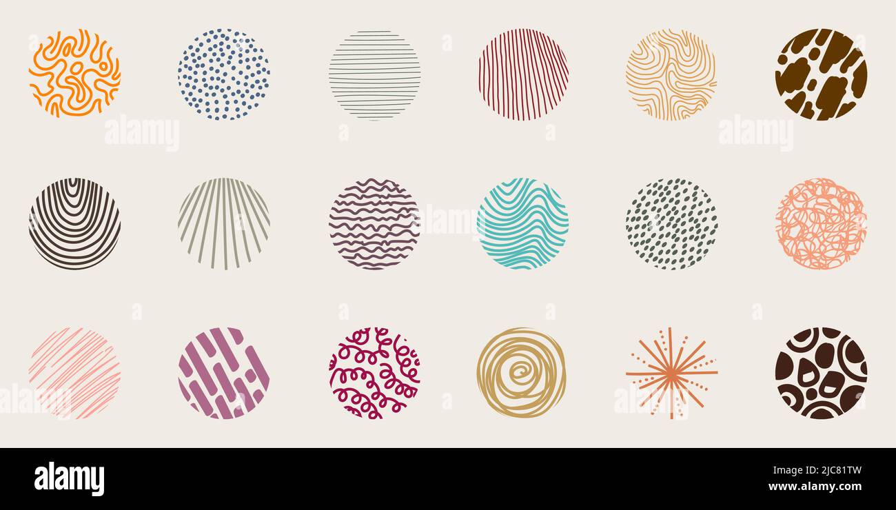 Set of hand drawn lines pattern doodle style round shapes isolated on ...