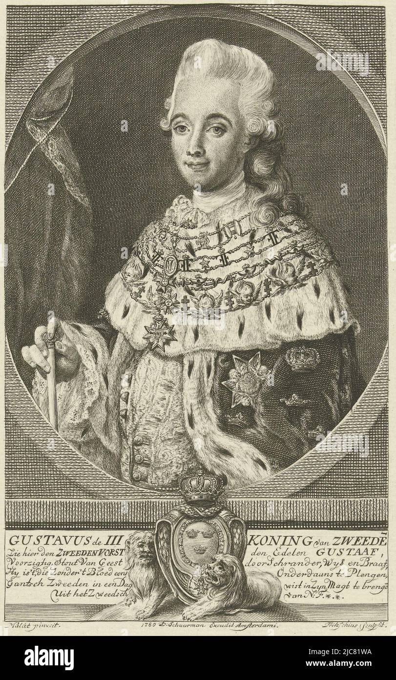 Gustave III, King of Sweden, with scepter in hand, wrapped in his ...