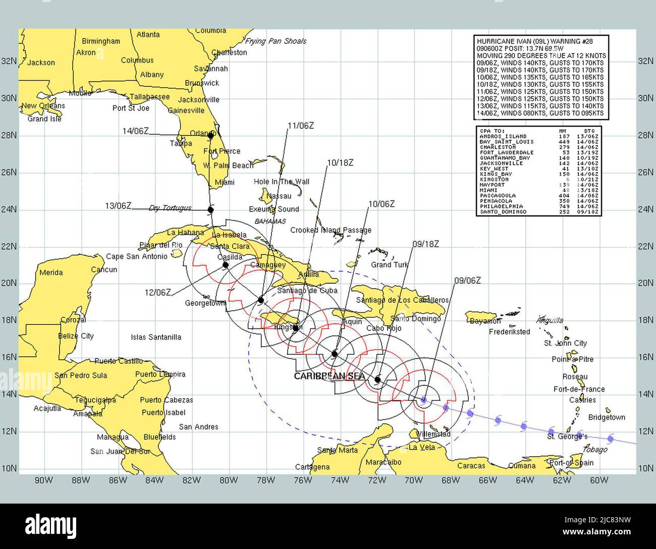 Sep 09, 2004; Miami, FL, USA; Current forecast projected path and wind ...
