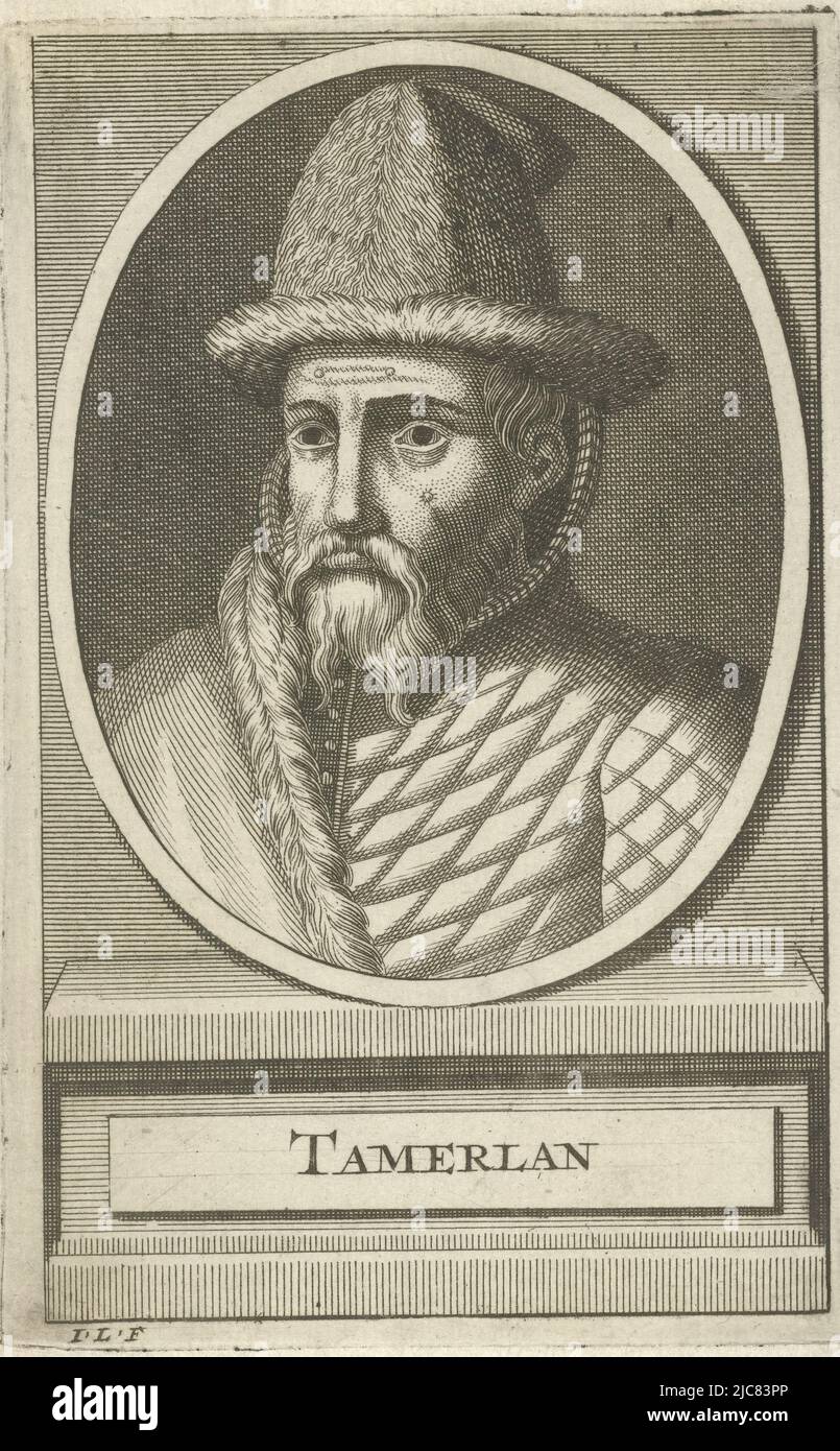 Portrait bust in oval to left of Timur Lenk, founder of the Timurid ...