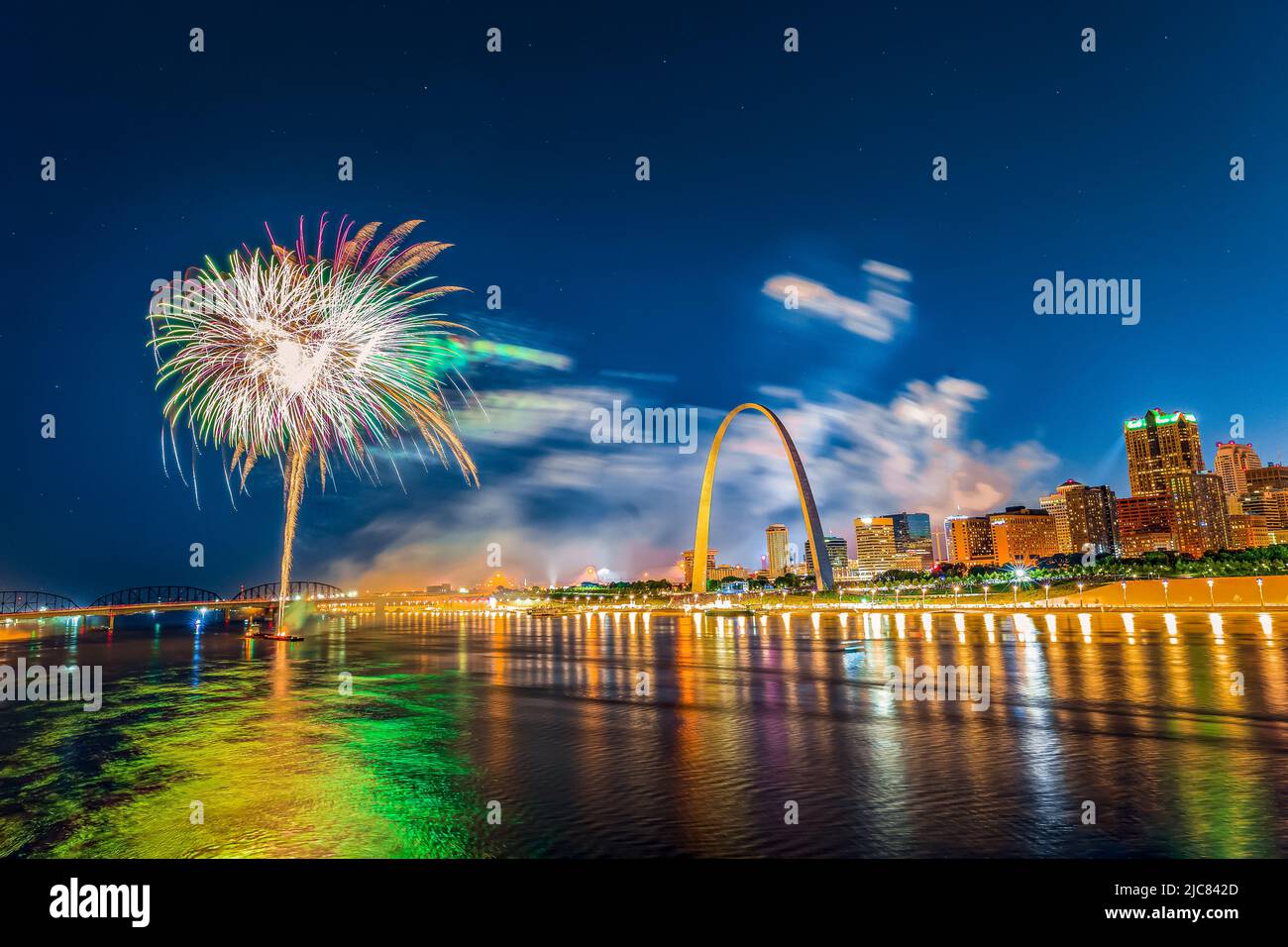July 4th Fireworks over the Famous monument of Gateway Arch in Missouri ...