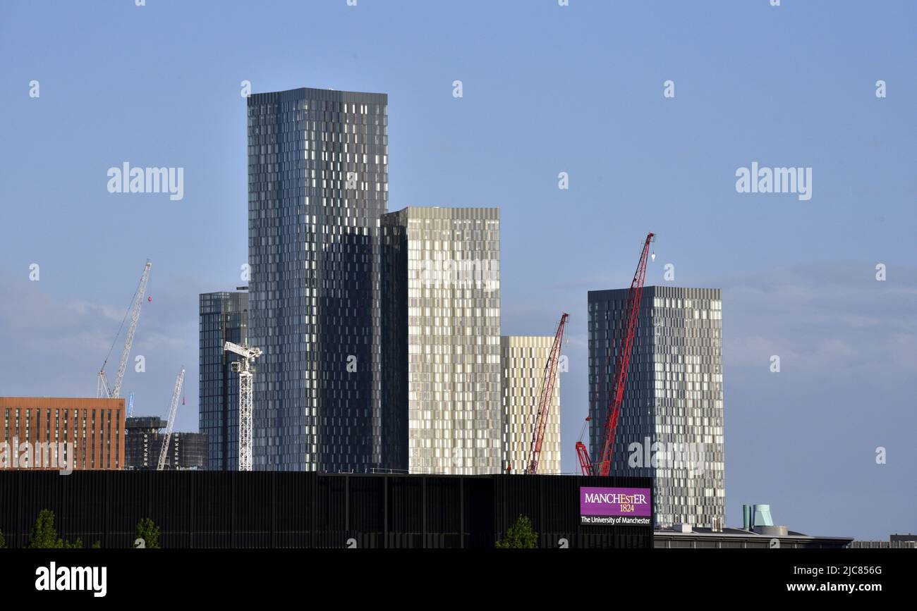 High level view of skyscrapers or high rise buildings at Deansgate ...