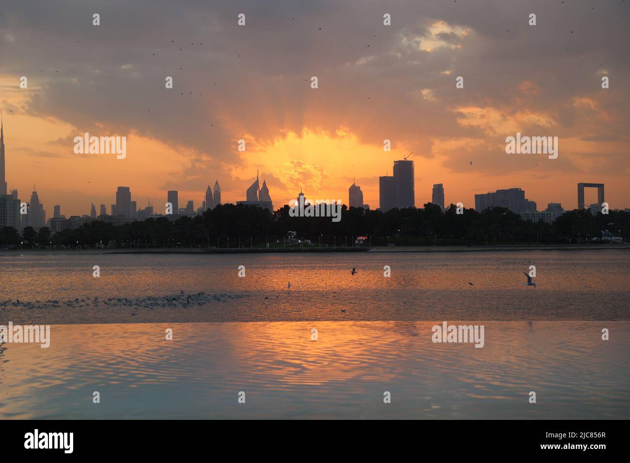 Dubai sunset skyline cityscape view, skyscrapers in UAE, Middle East ...