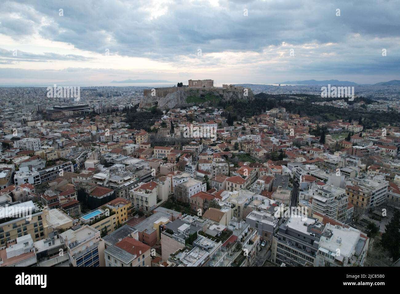 Sunset Parthenon drone aerial view, Acropolis, cityscape of historical center of Athens, Greece ...
