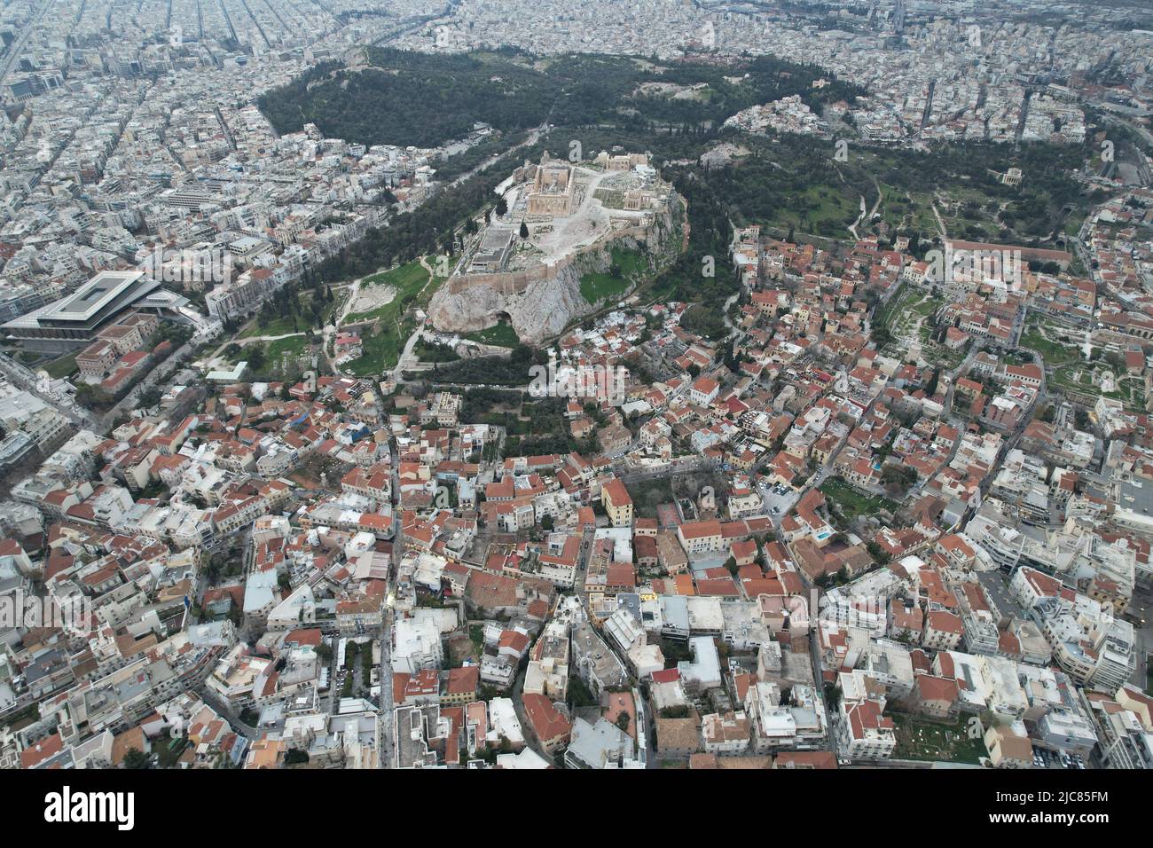 Sunset Parthenon drone aerial view, Acropolis, cityscape of historical center of Athens, Greece ...