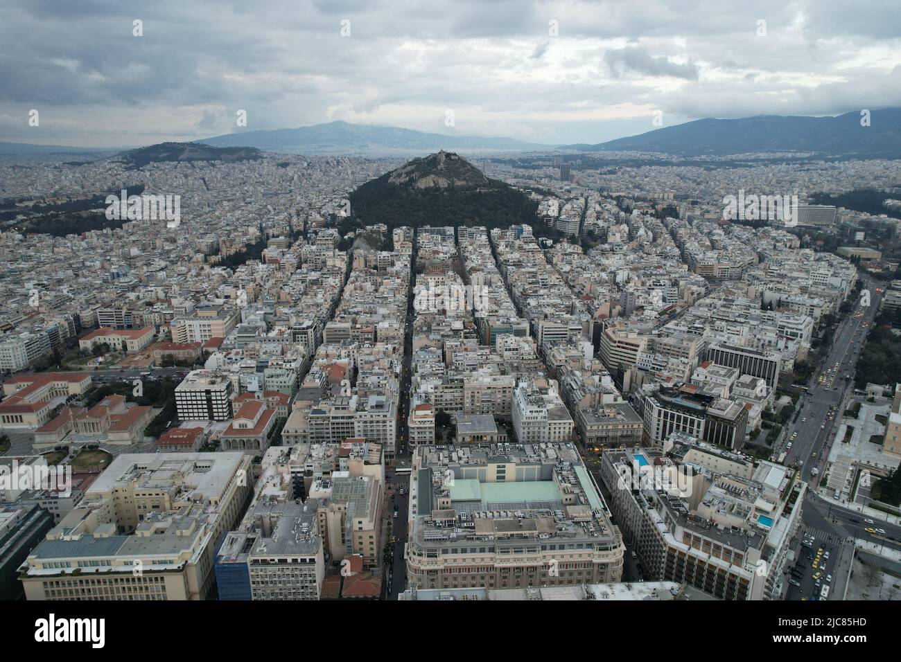 Sunset Parthenon drone aerial view, Acropolis, cityscape of historical center of Athens, Greece ...