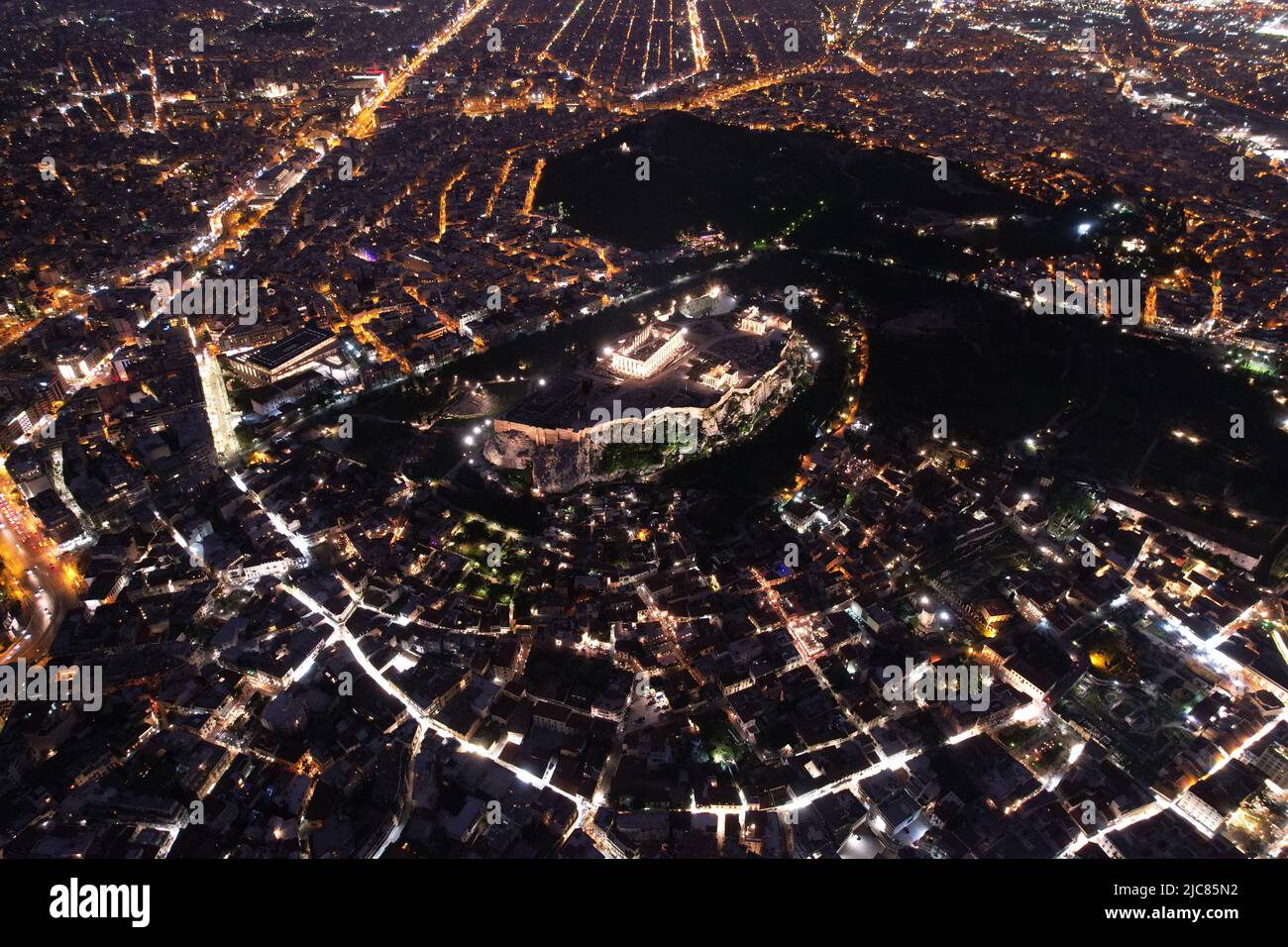 Sunset Parthenon drone aerial view, Acropolis, cityscape of historical center of Athens, Greece ...