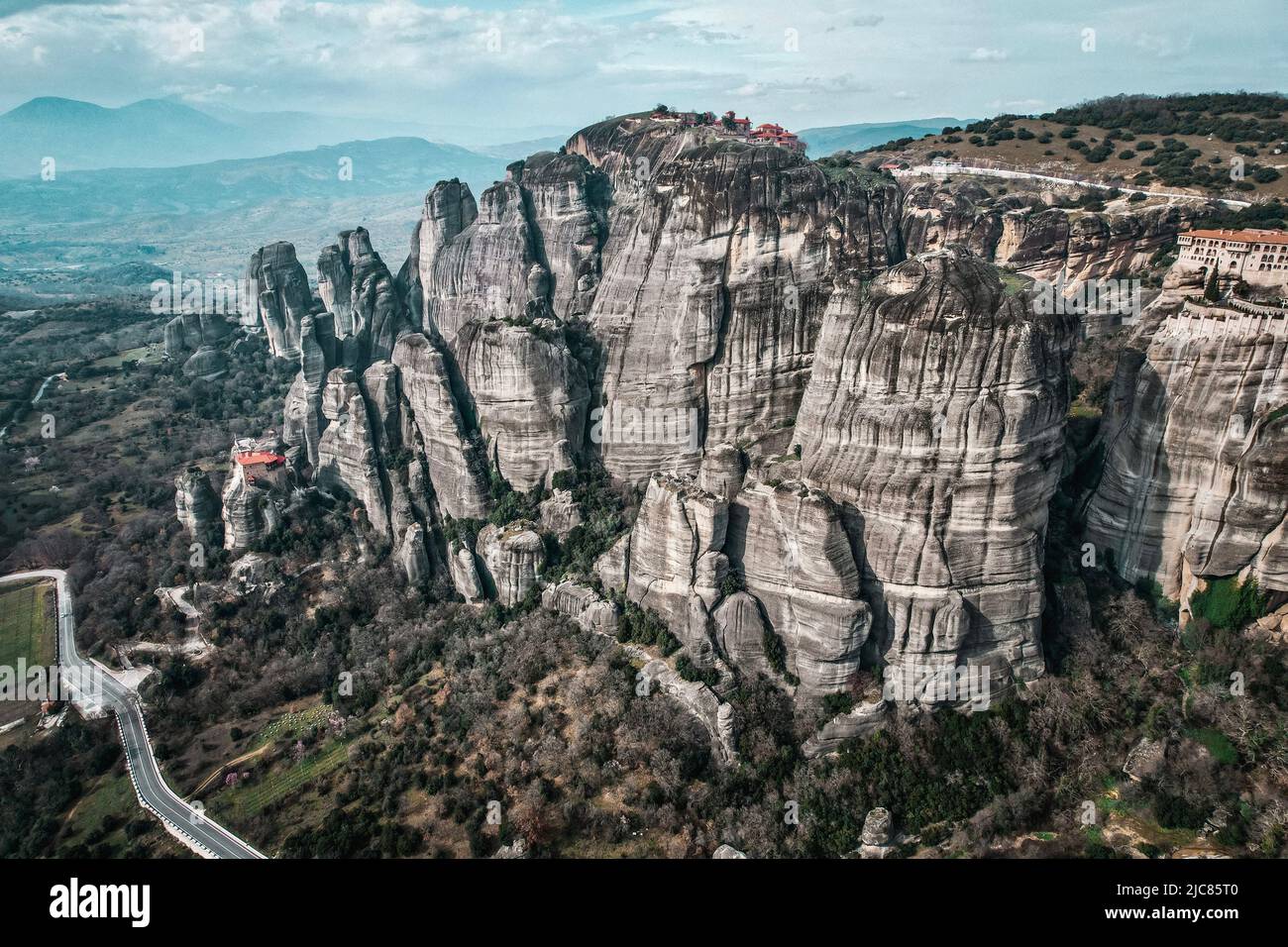 Meteora monastery aerial drone view, Greece, boulders and cliffs ...