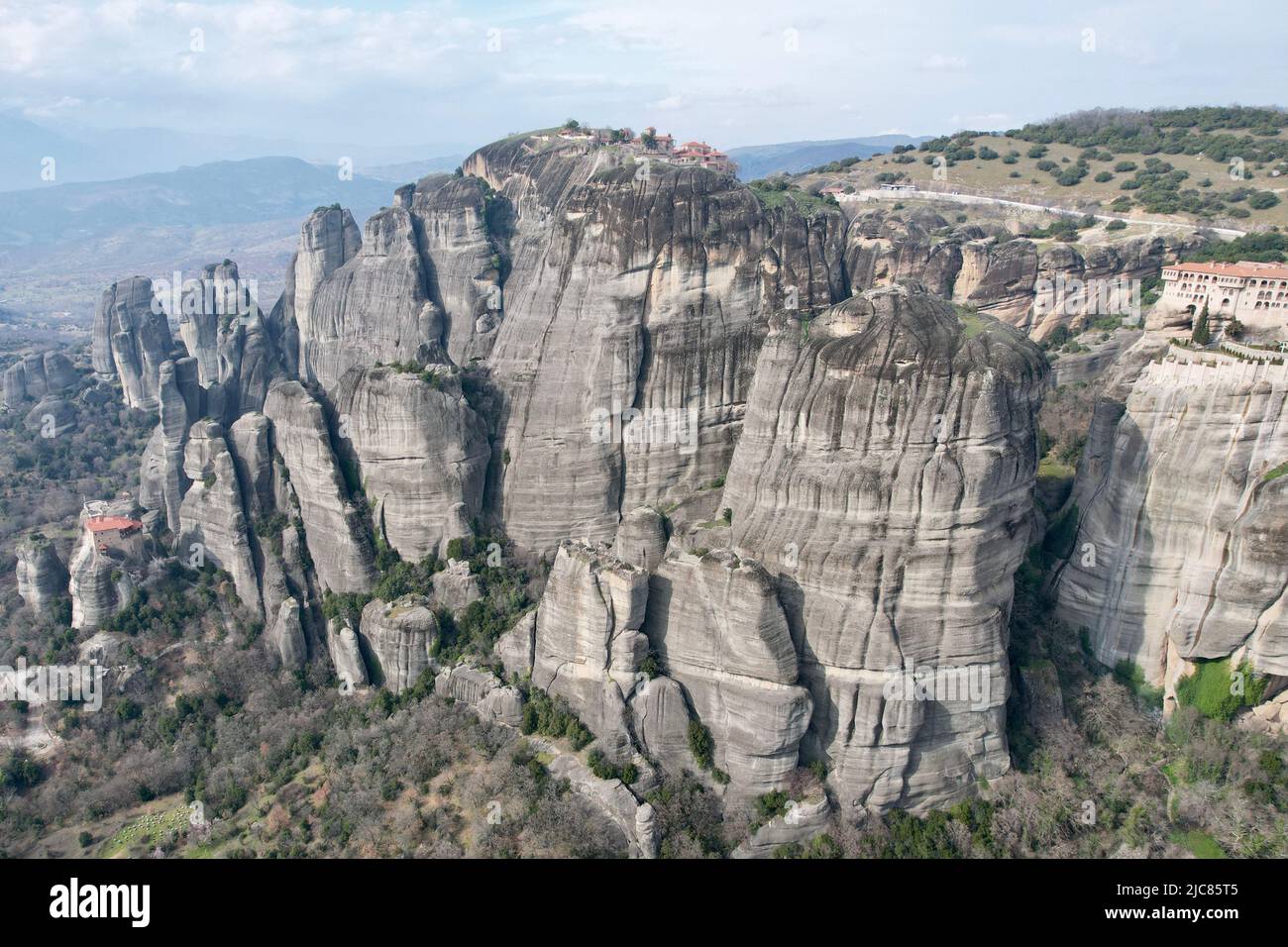 Meteora monastery aerial drone view, Greece, boulders and cliffs ...