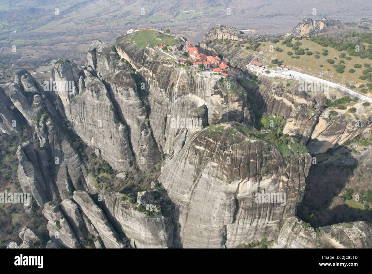 Meteora monastery aerial drone view, Greece, boulders and cliffs ...