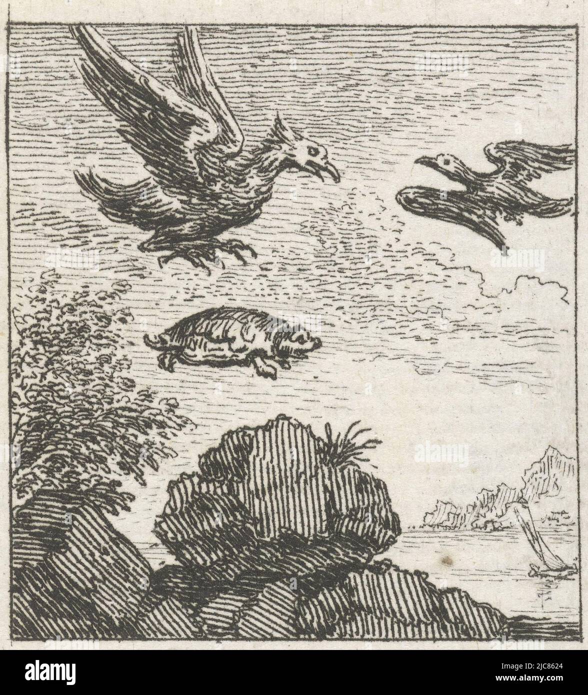 An eagle, flying alongside a crow, drops a turtle from its claws onto a ...