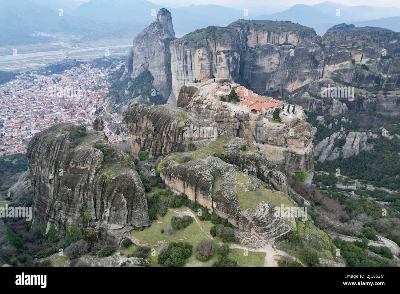 Meteora monastery aerial drone view, Greece, boulders and cliffs ...