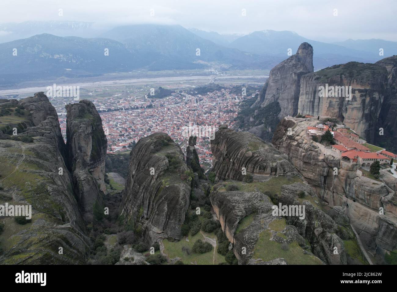 Meteora monastery aerial drone view, Greece, boulders and cliffs ...