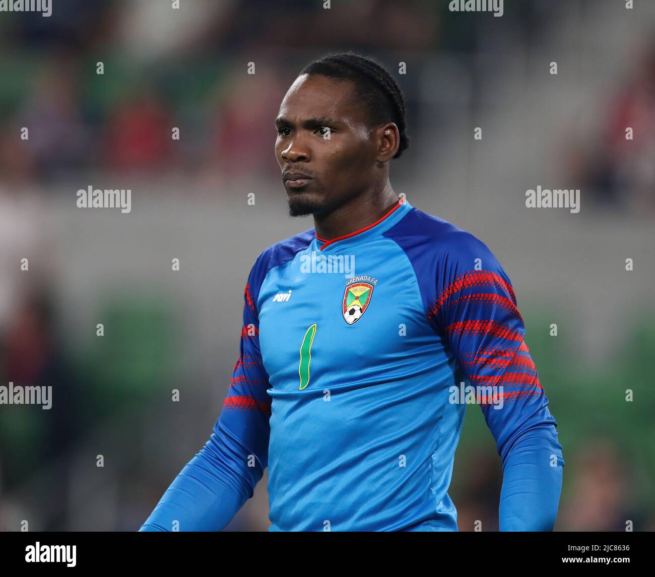 Austin, Texas, USA. 10th June, 2022. Grenada goalkeeper Jason Belfon (1 ...