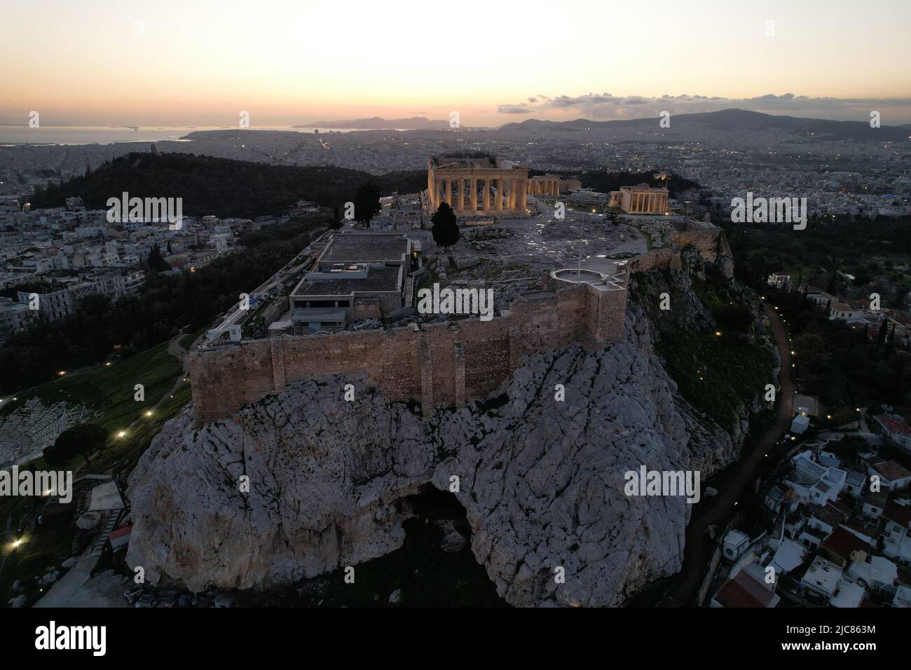 Acropolis, Parthenon, Athens, Greece, drone aerial view sunset Stock ...