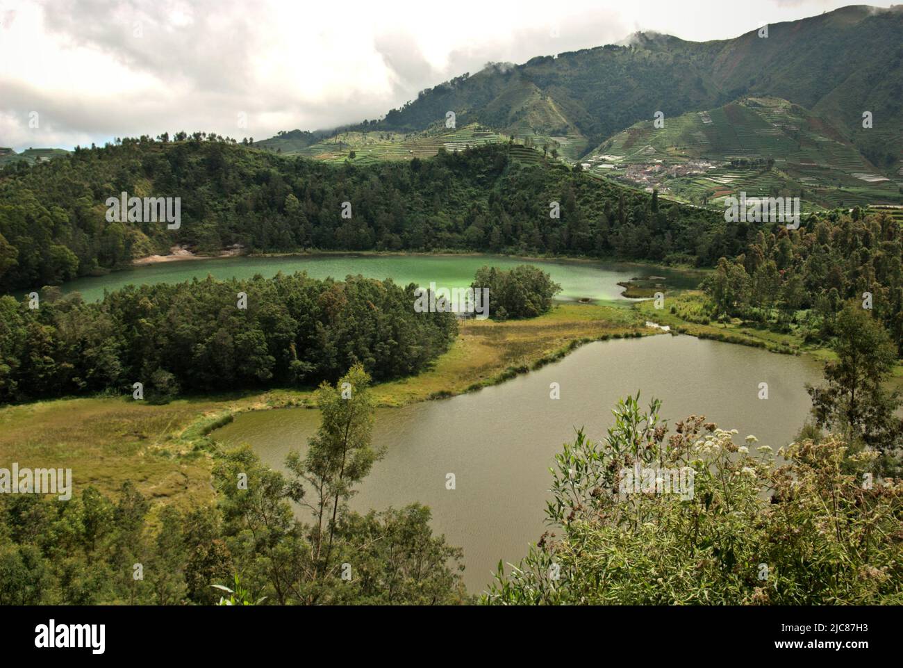 Aerial landscape of Dieng plateau with Telaga Warna lake and Pengilon ...