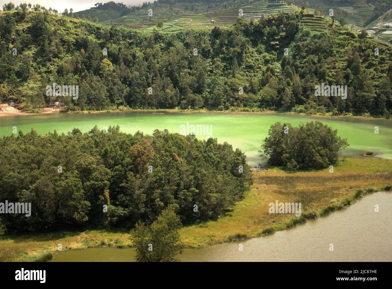 Aerial landscape of Dieng plateau with Telaga Warna lake and Pengilon ...