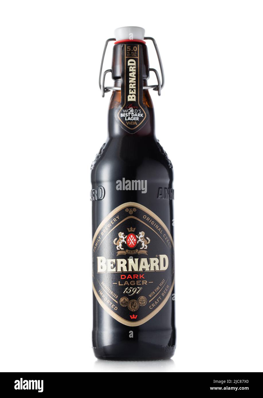 LONDON,UK - MAY 01, 2022: Bottle of Bernard dark lager beer on white ...