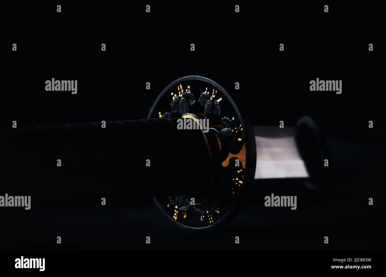 Wakizashi Sword on black background. Close up Stock Photo - Alamy