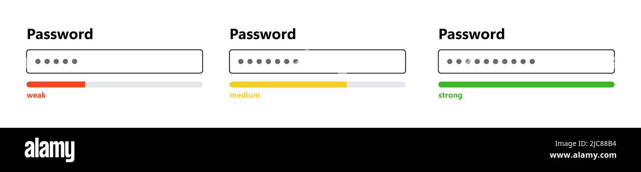 Password weak, medium and strong interface. Password form template for website. Digital security ...